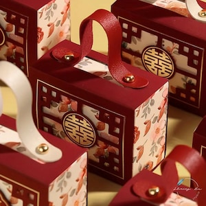 Floral Double Happiness Chinese Wedding Favor Boxes With Handles (set ...