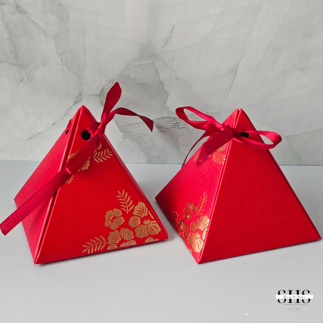 10 Set Red & Gold Foil Plum Flower Pyramid Boxes | Chocolate Boxes ...