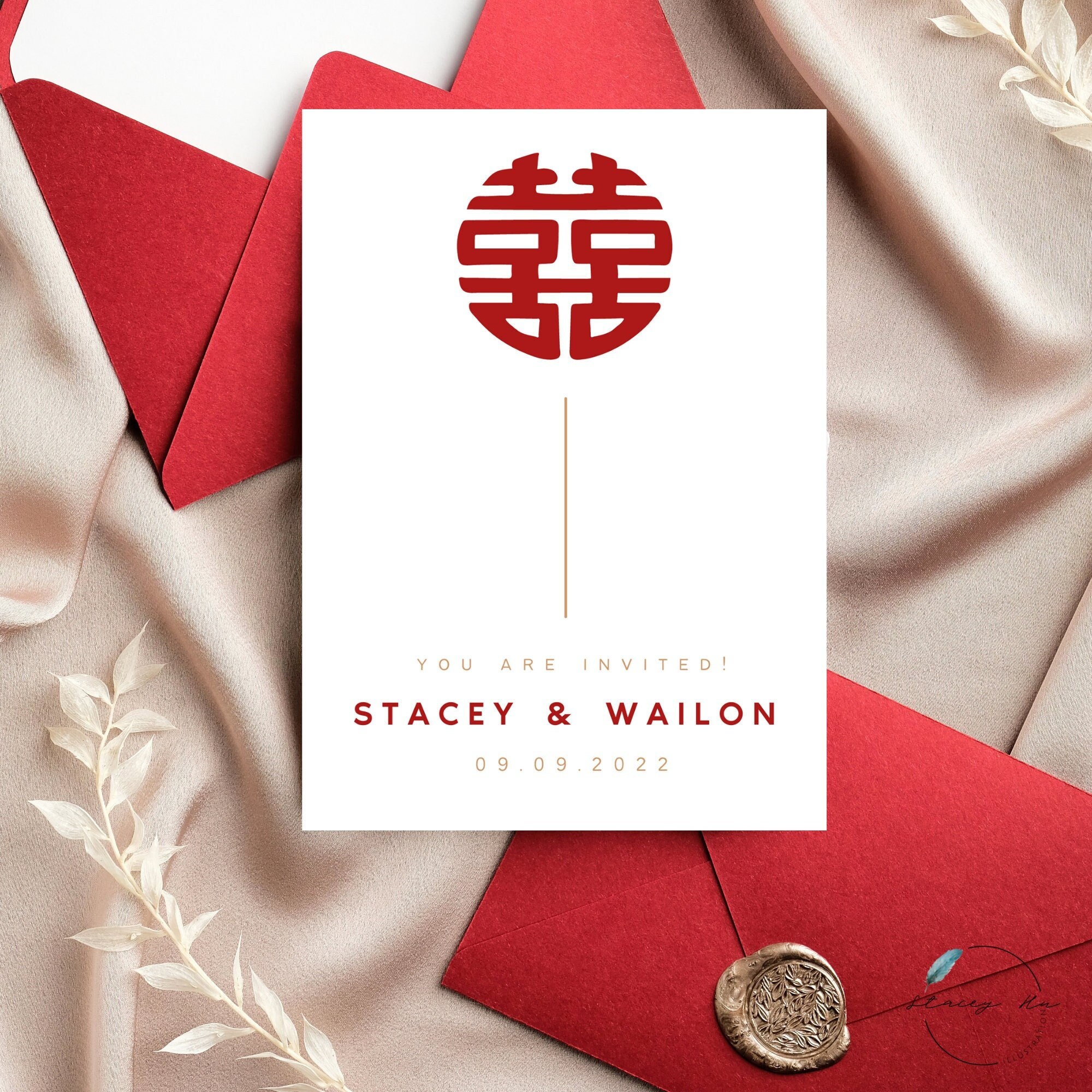 Minimal Asian Theme Wedding Invitation Double Happiness Instant ...