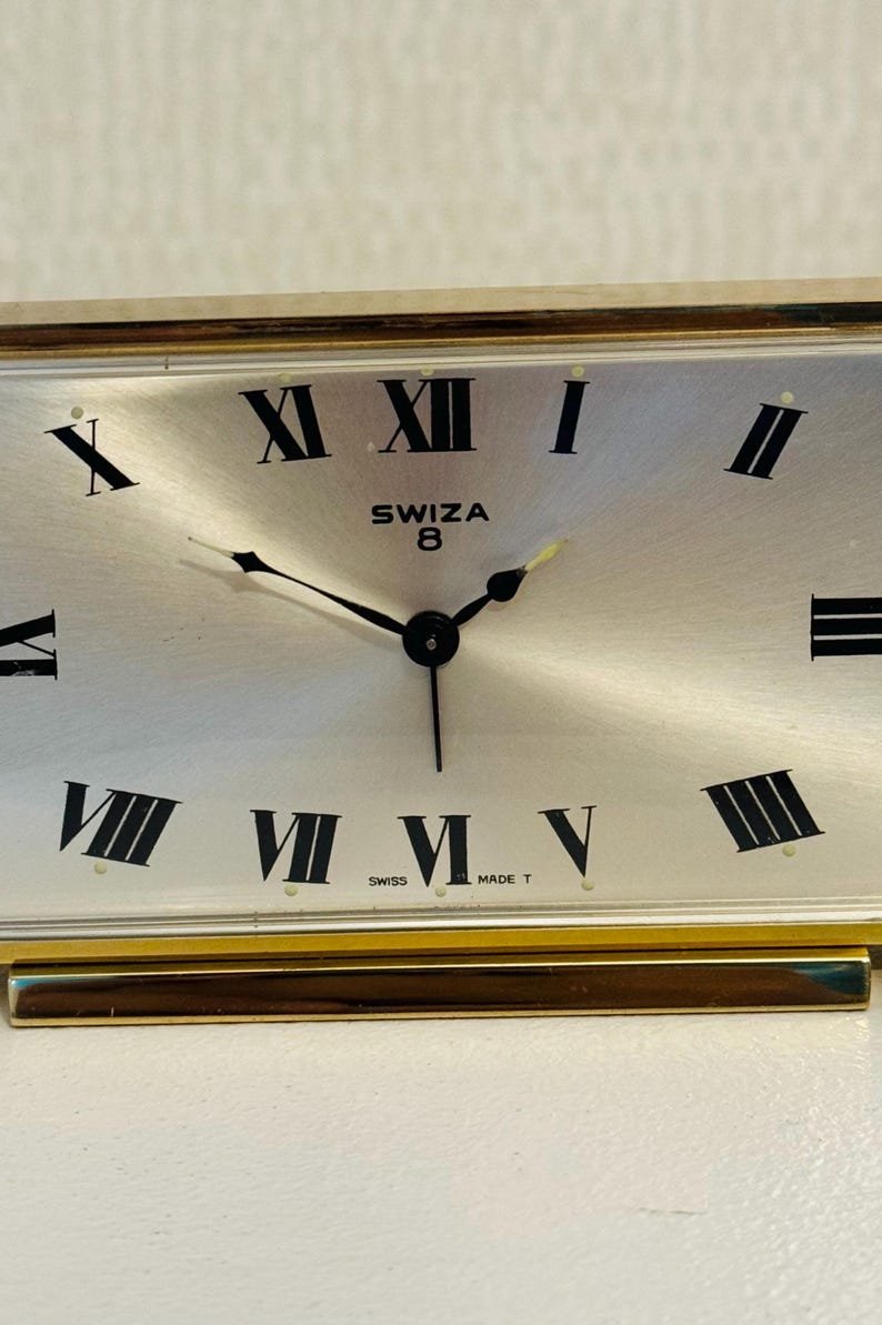 Old Art Deco Vintage Heavy Brass Swiza 8 Made in Swiss Desk Alarm Clock ...
