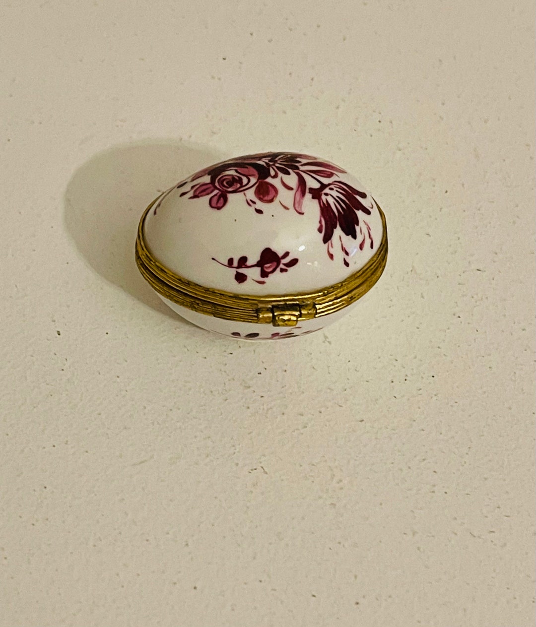 Old Pill Trinket Box Curio Hinged Porcelain Egg Shaped Floral Flower ...