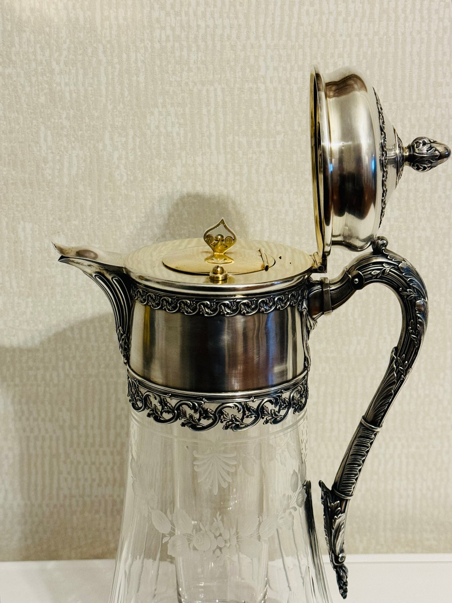Antique Large French 950 Silver Mounted Crystal Jug W/ice Tube Built in ...