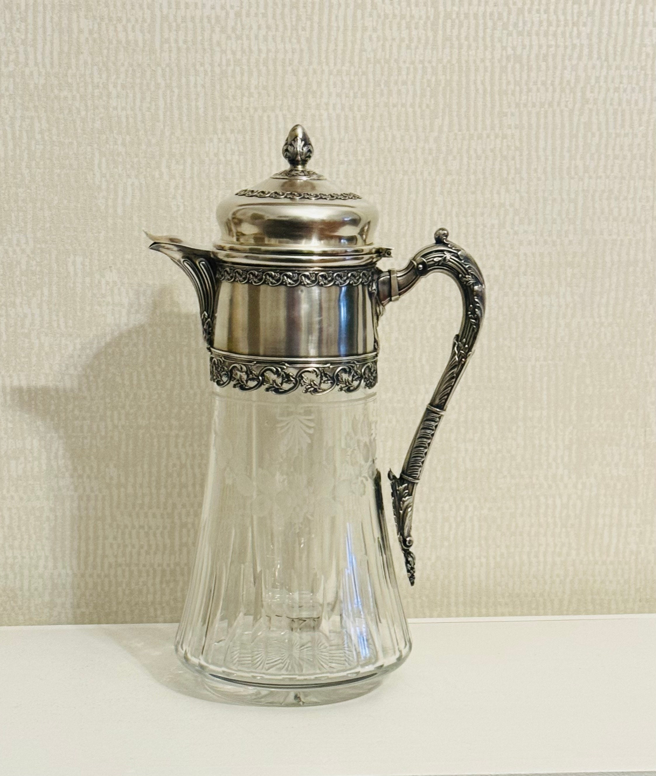 Antique Large French 950 Silver Mounted Crystal Jug W/ice Tube Built in ...