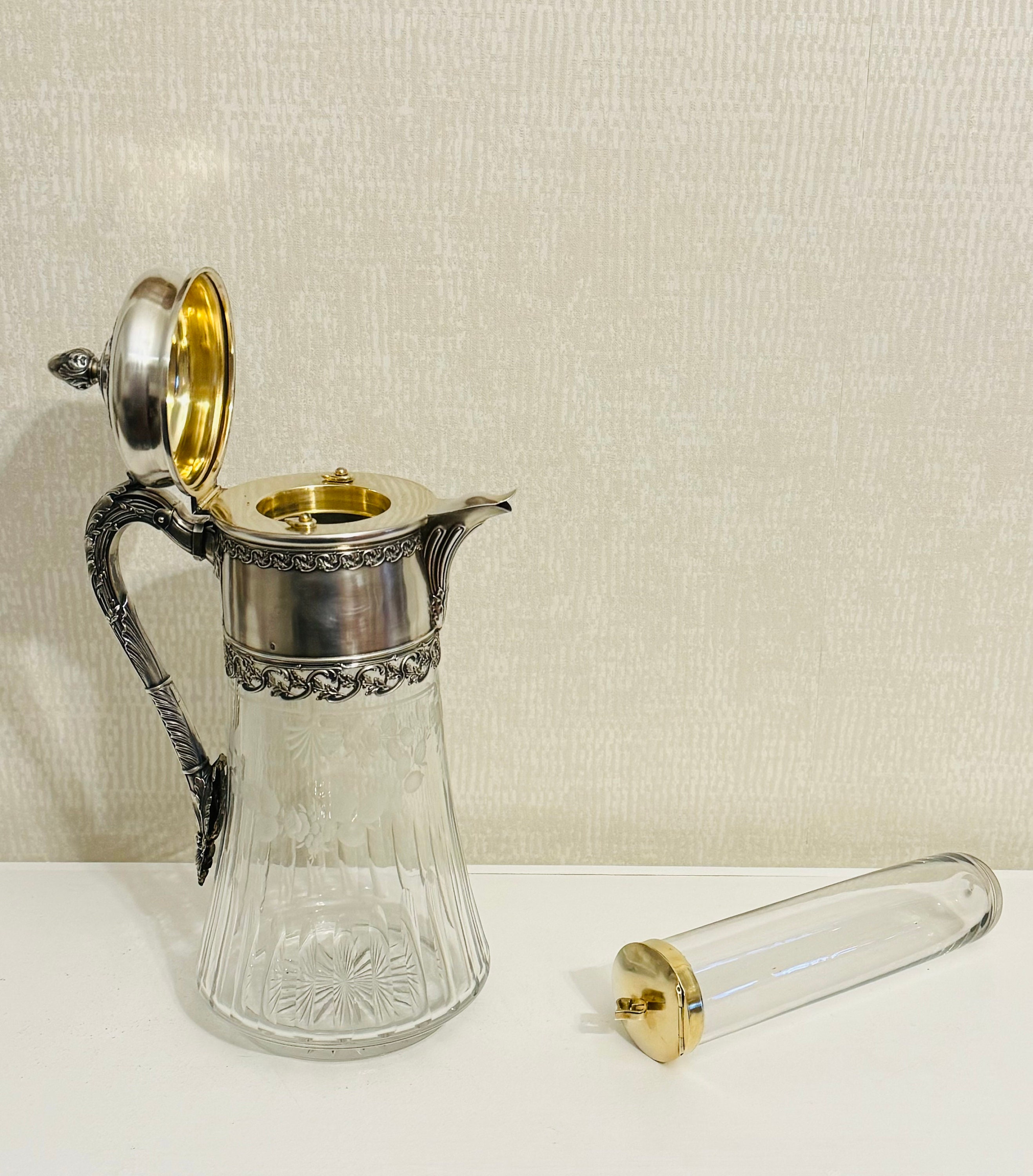 Antique Large French 950 Silver Mounted Crystal Jug W/ice Tube Built in ...