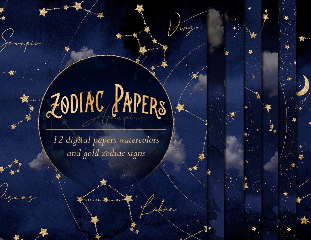 Zodiac Digital Papers With Gold Foil, Watercolor Zodiac Wallpaper ...