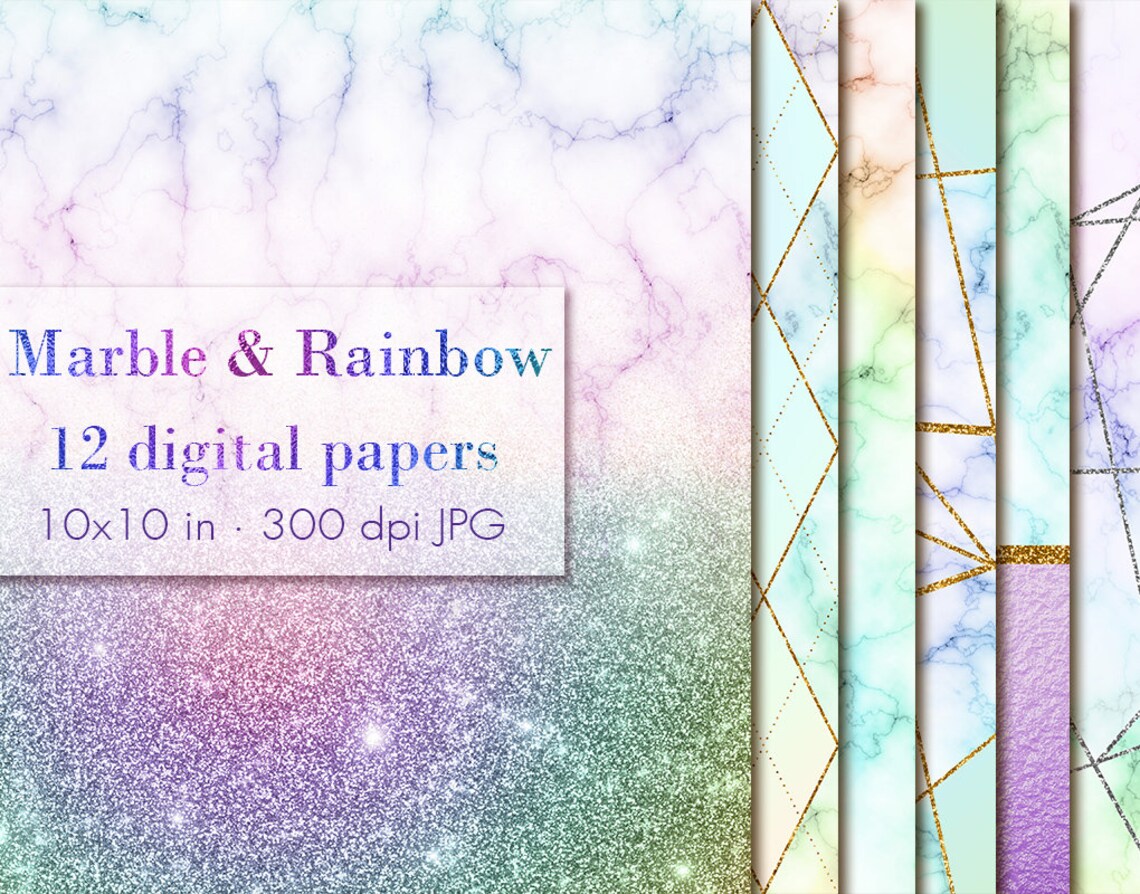 Rainbow Marble Glitter Digital Papers Rainbow Digital | Etsy