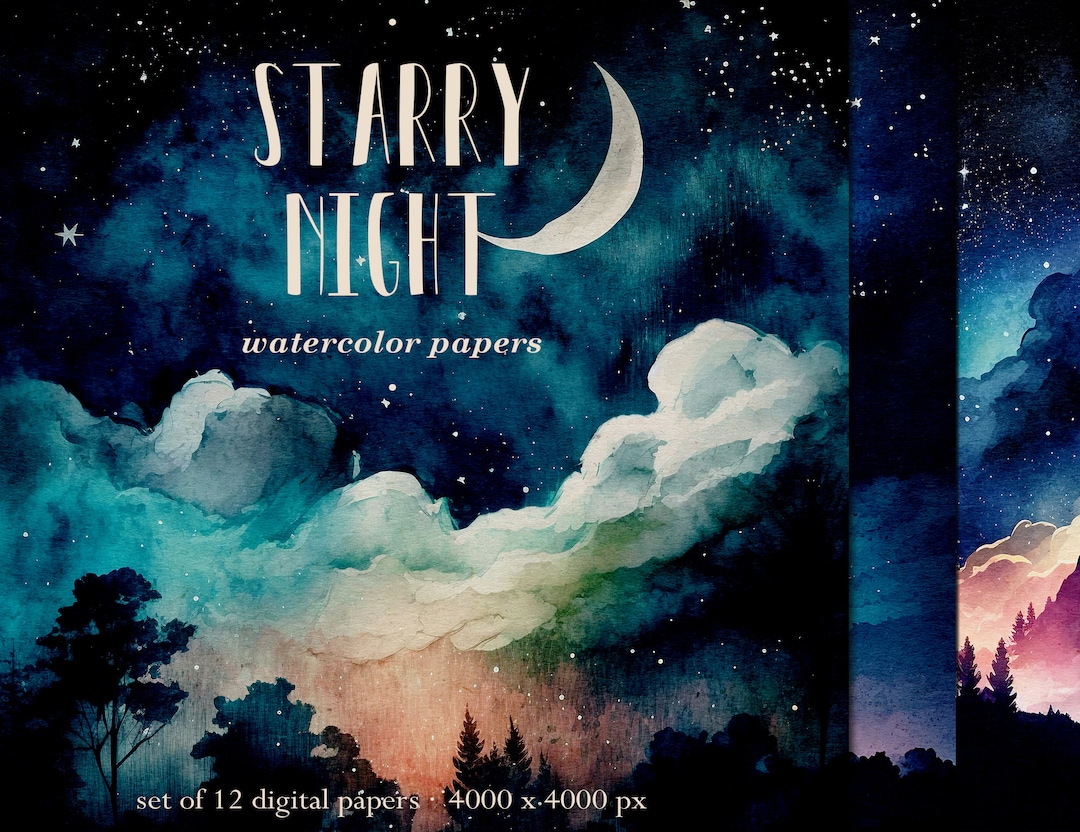 Starry Night Digital Paper Pack, Starry Night Landscapes, Digital ...
