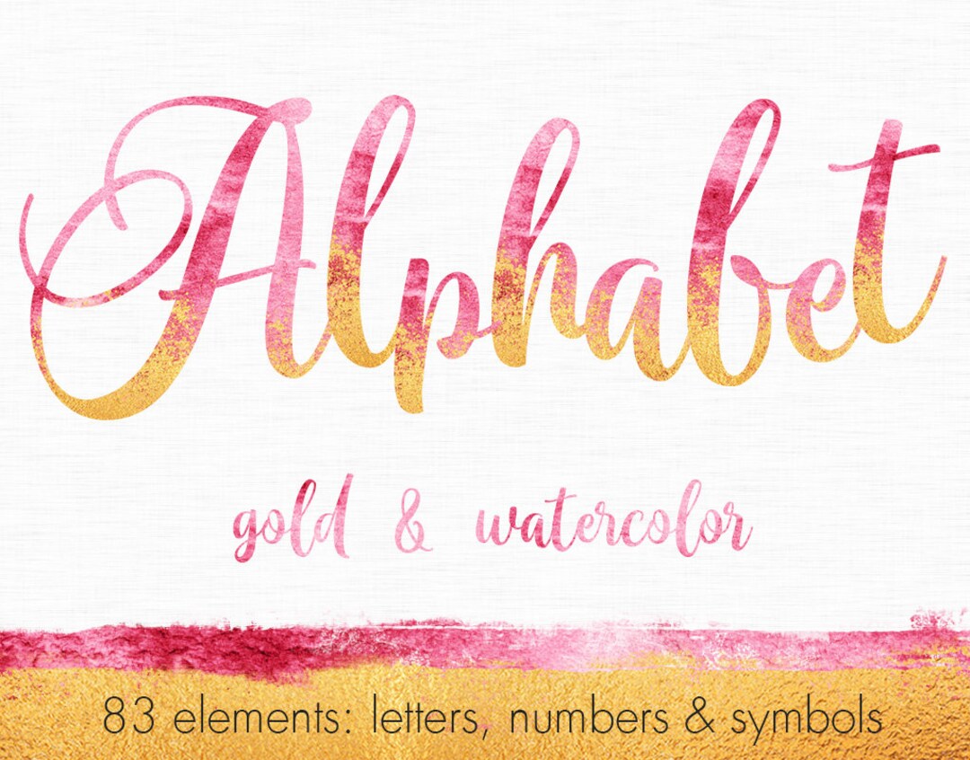 Pink Watercolor Alphabet Clipart, Gold Watercolor Letters Clip Art ...