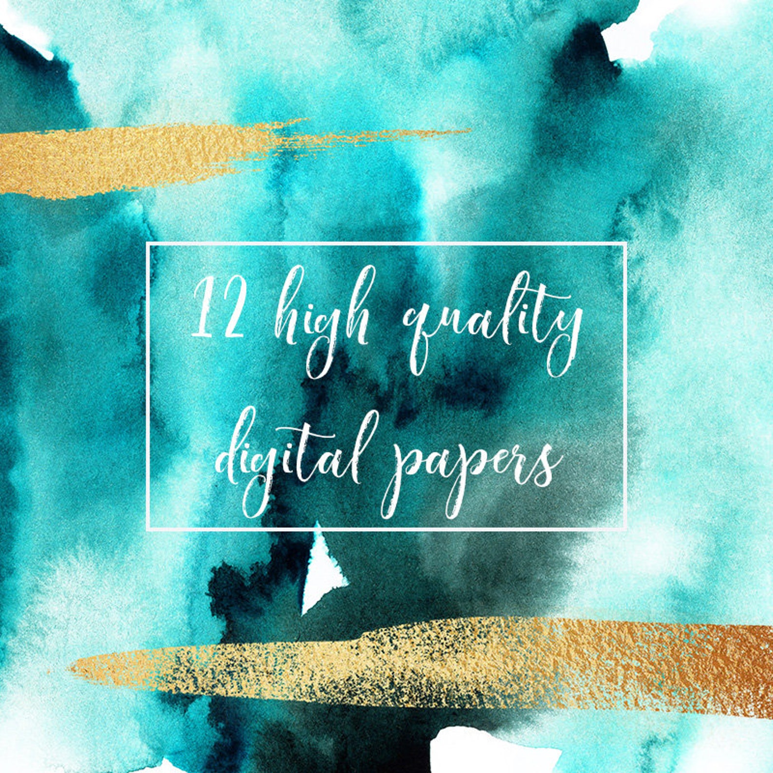 Turquoise and Gold Watercolor Digital Paper Watercolor | Etsy