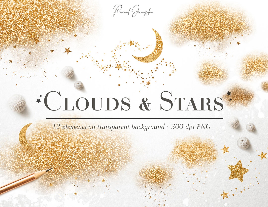 Gold Clouds and Stars Clipart, Gold Star Digital Overlays, Golden Moon ...