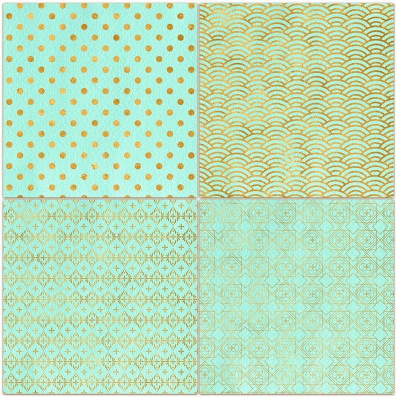 Mint Gold Digital Paper Mint Paper Clipart Gold Wedding | Etsy