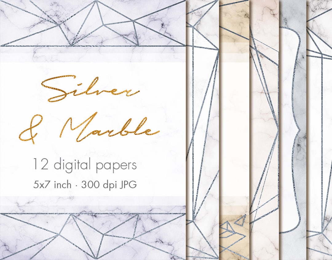 Silver and Marble Digital Paper With Frames, 5x7, Geometric Digital ...