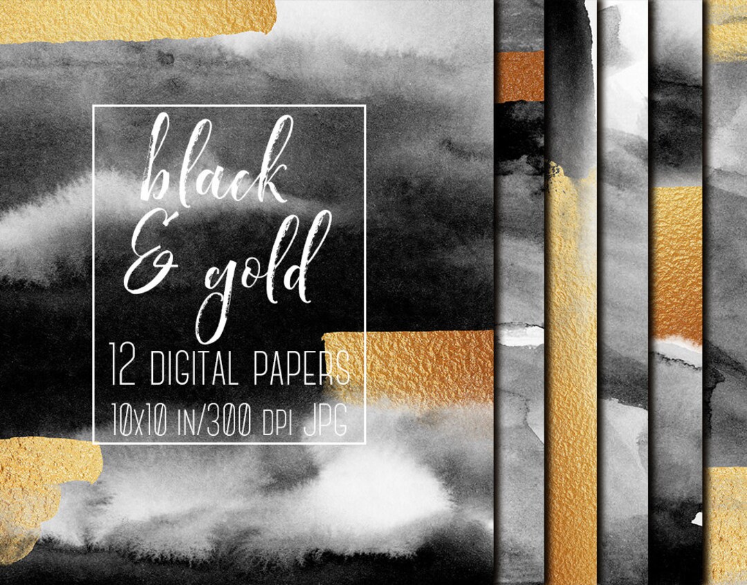 Black and Gold Watercolor Digital Paper, Black Background, Paper Pack ...