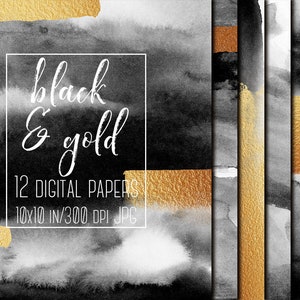 Black and Gold Watercolor Digital Paper, Black Background, Paper Pack ...