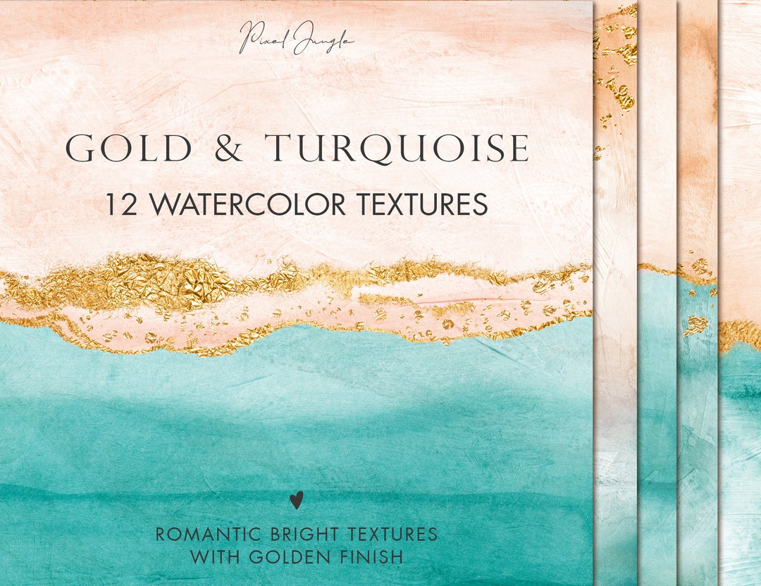 Teal and Blush Digital Papers With Gold, Gold and Teal Watercolor ...