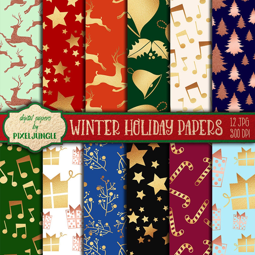 Christmas Paper Pack, Christmas Digital Paper, Gold Papers, Rose Gold ...