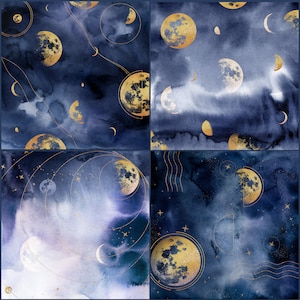 Lunar Digital Paper Clipart, Moon Wallpaper, Gold Moon Watercolor Clip ...