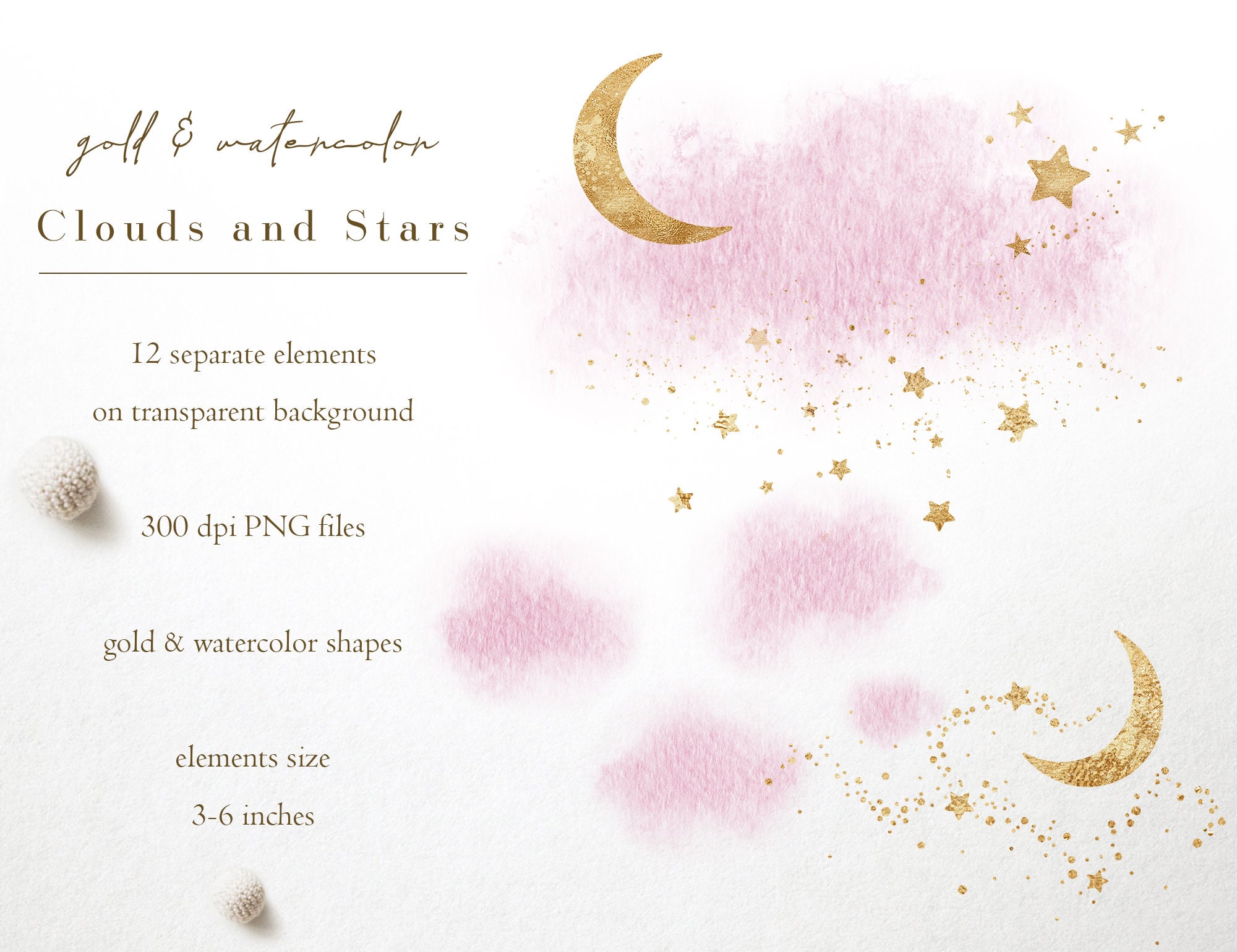 Watercolor Pink Clouds and Gold Stars Clipart (digital Download) - Etsy