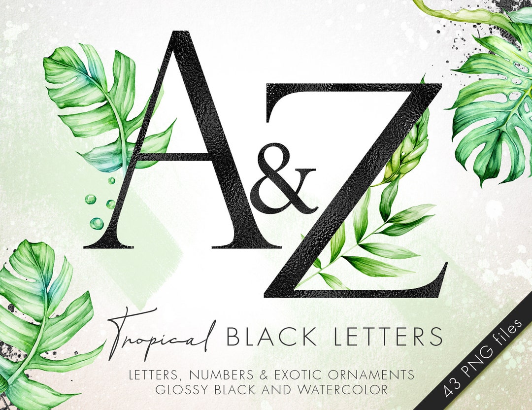 Black Foil Tropical Alphabet Clipart: Watercolor Palm Leaves (PNG) - Etsy
