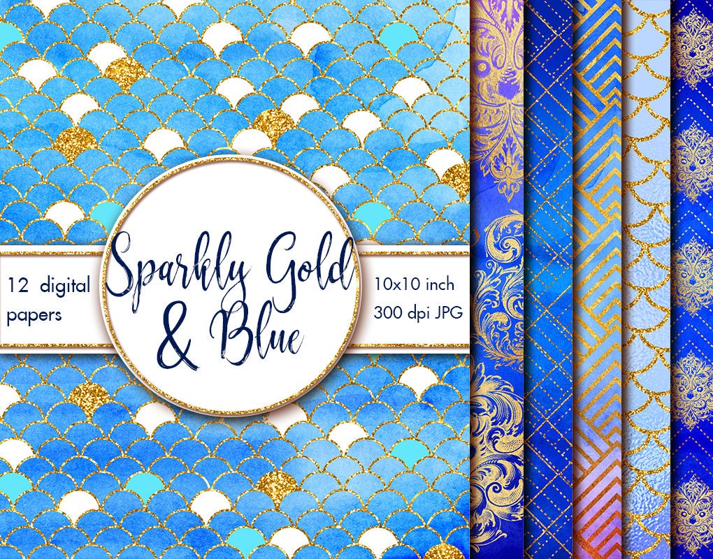 Blue watercolor digital paper clipart Gold papers Gold | Etsy