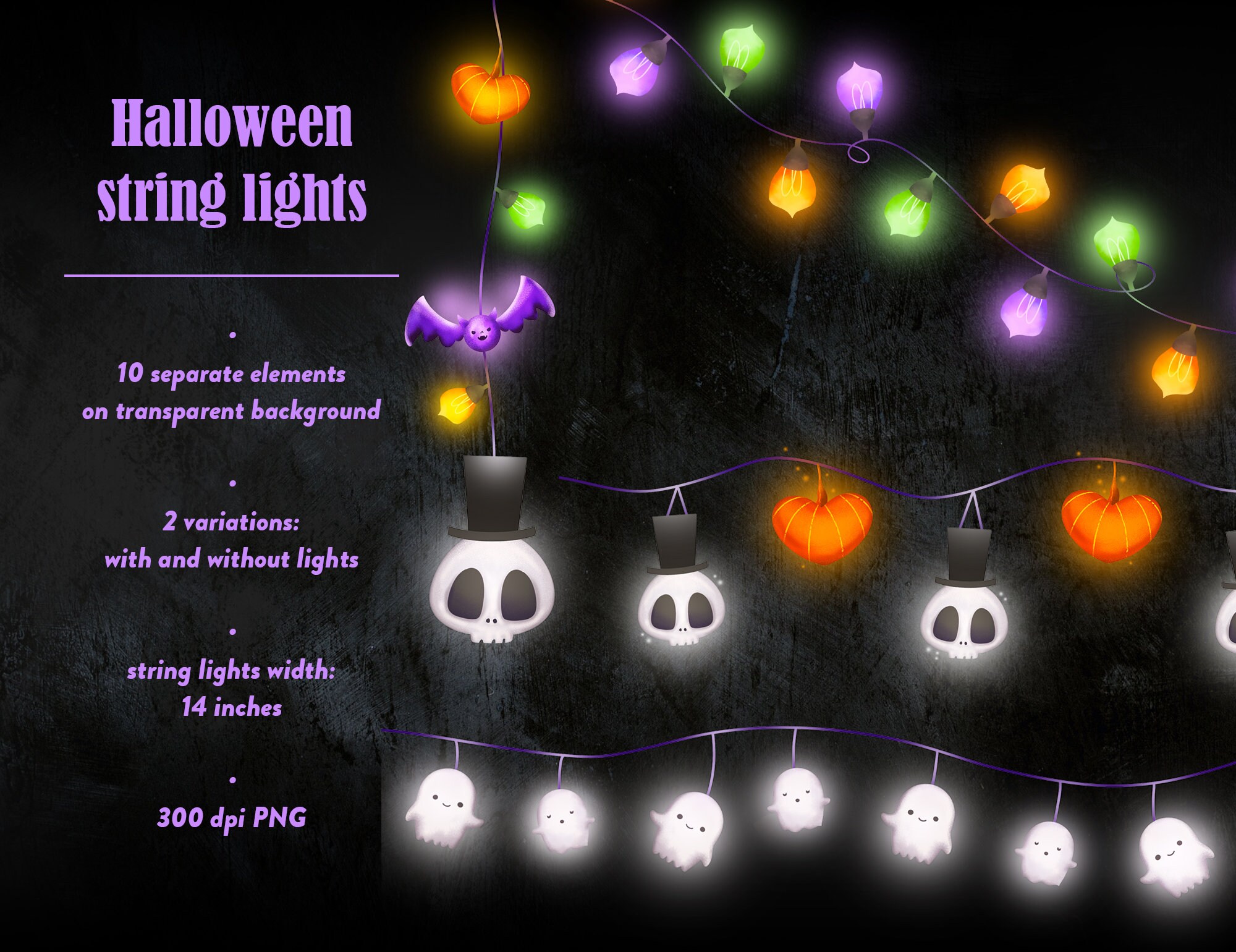 Halloween String Lights Clipart: Pumpkin, Bat, Skull PNG Overlays - Etsy