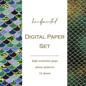 Dark Mermaid Scales Digital Paper Set, Metallic Paper, Gold Scales ...