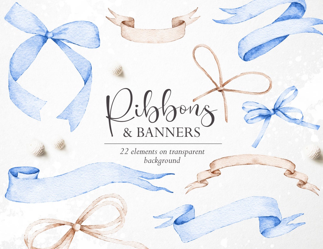 Watercolor Ribbon Clipart: Blue & Beige Bow Banners (PNG Overlays) - Etsy