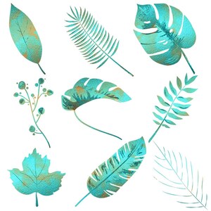 Gold Tropical Leaves Clipart, Navy and Turquoise Tropical Leaves Clip ...
