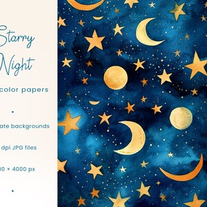 Starry Night Watercolor Digital Paper, Watercolor Paper Clipart, Blue ...