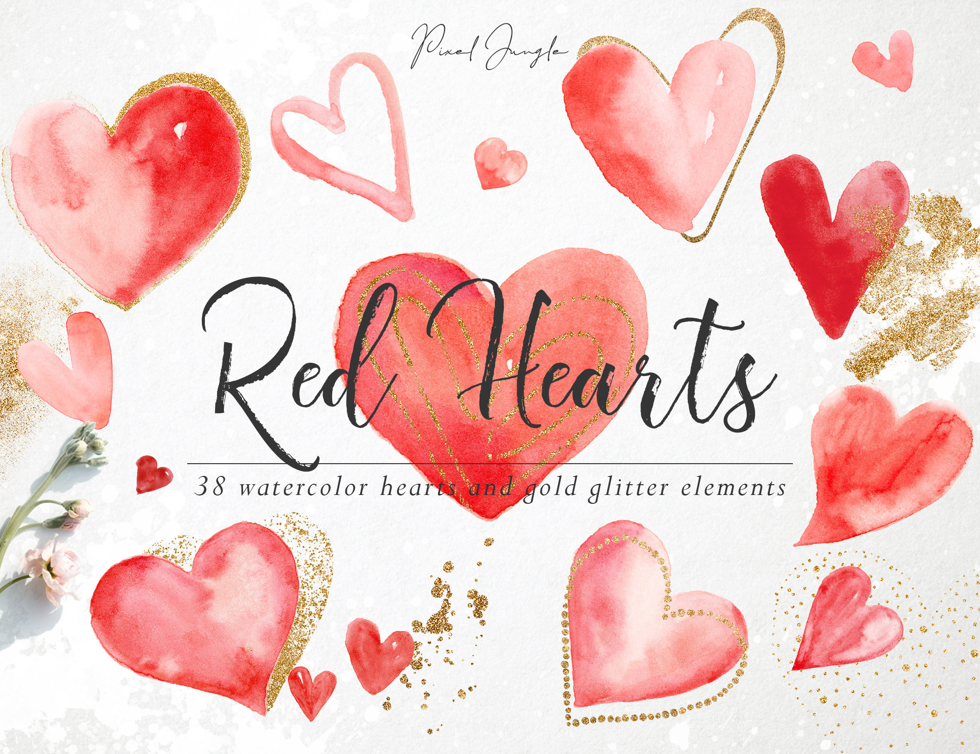 Red Watercolor and Gold Glitter Hearts Heart Clipart | Etsy