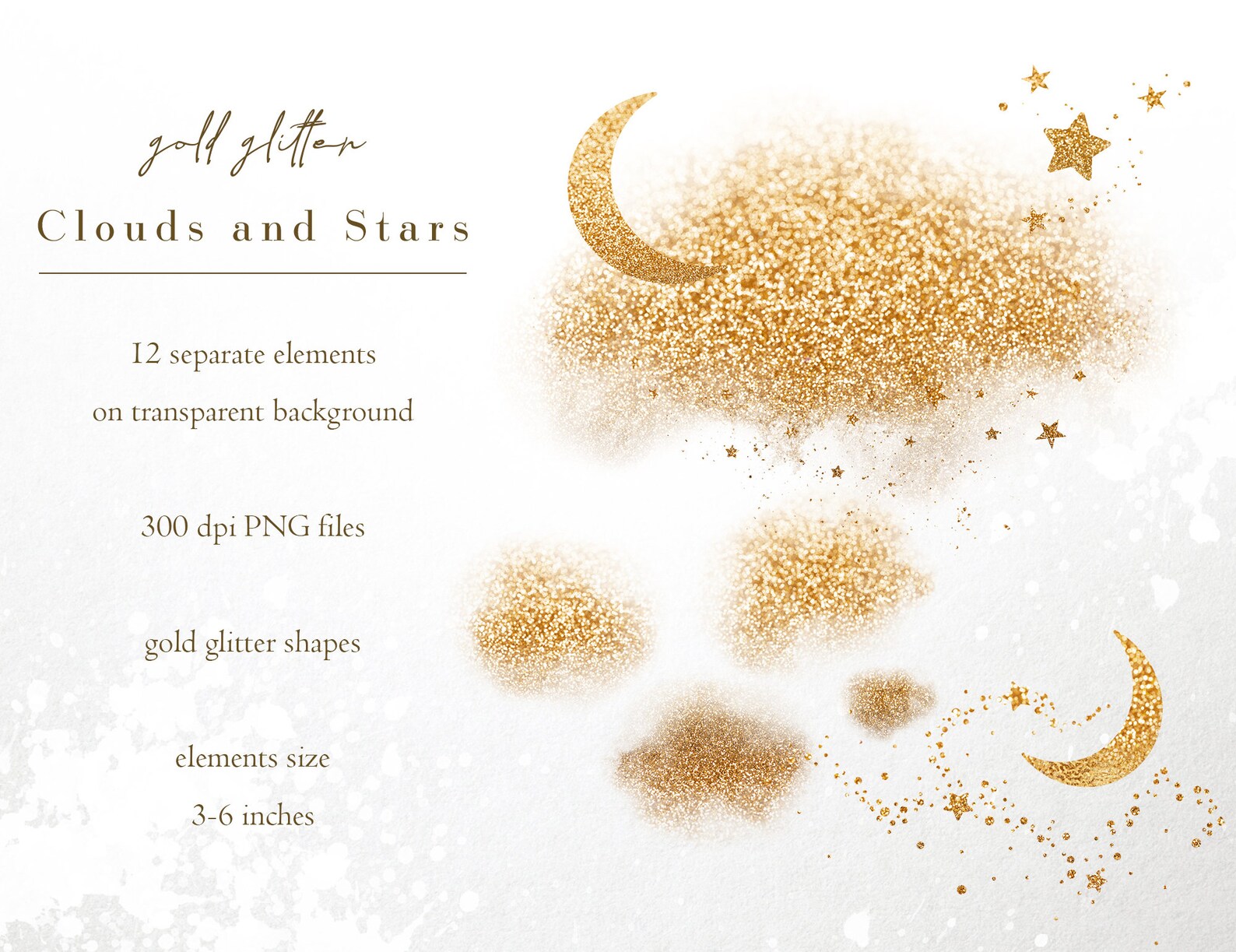 Gold Clouds and Stars Clipart, Gold Star Digital Overlays, Golden Moon ...