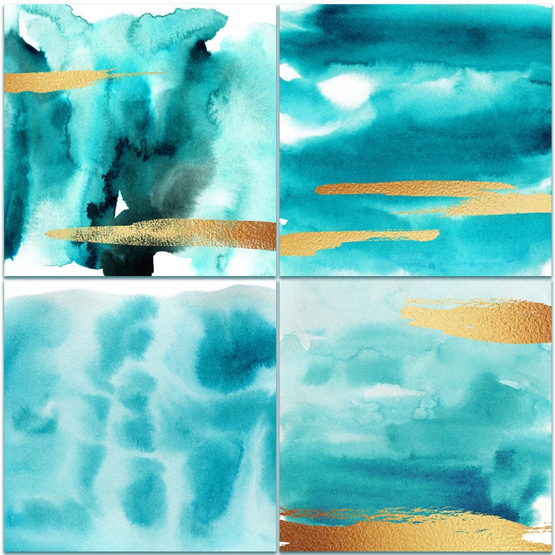Turquoise and Gold Watercolor Digital Paper Watercolor | Etsy