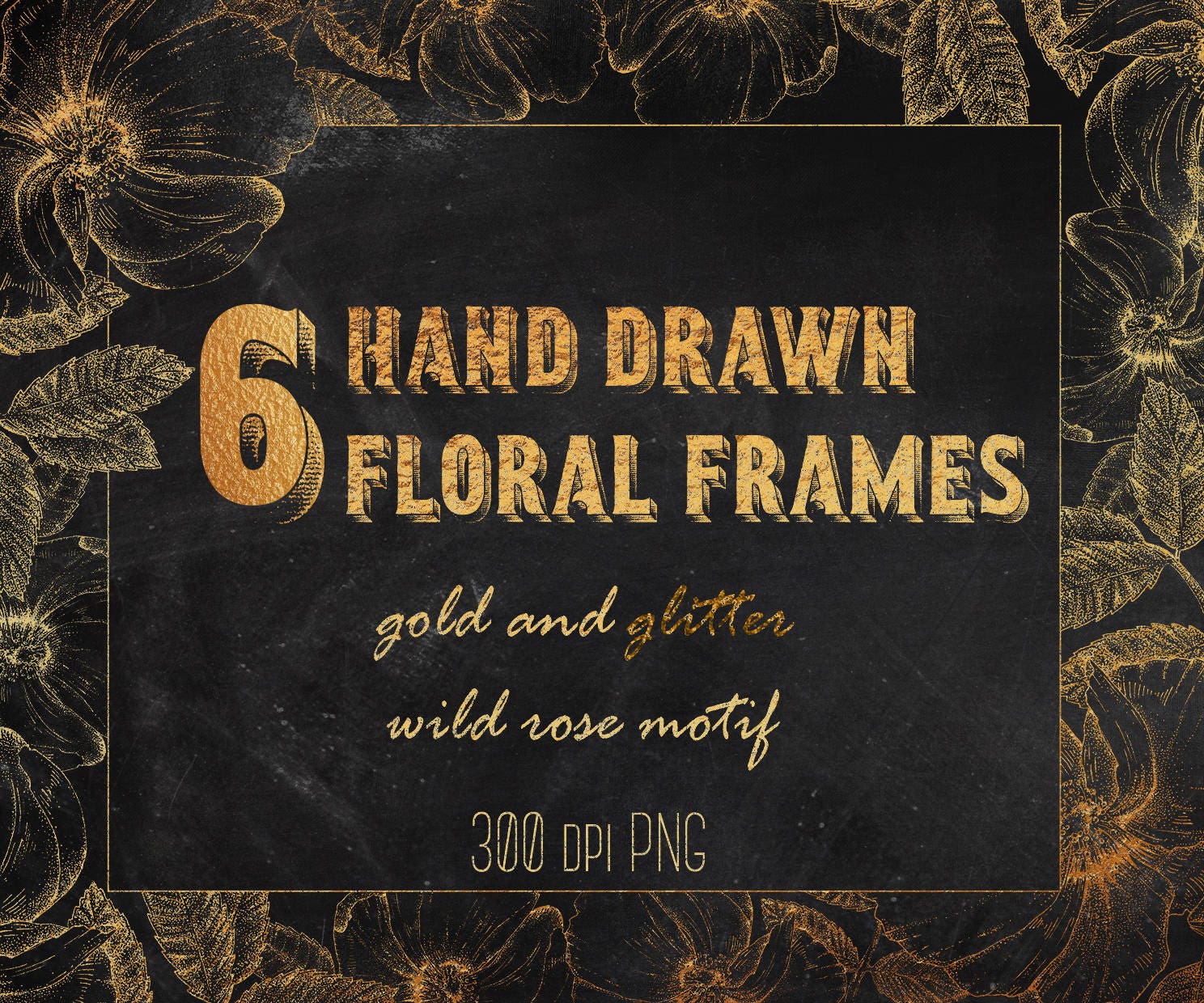 6 gold floral frames clip art with hand drawn wild roses gold | Etsy