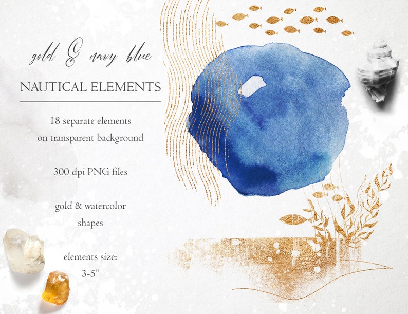 Navy Blue Watercolor Clipart: Gold Fish, Ocean Elements (PNG) - Etsy
