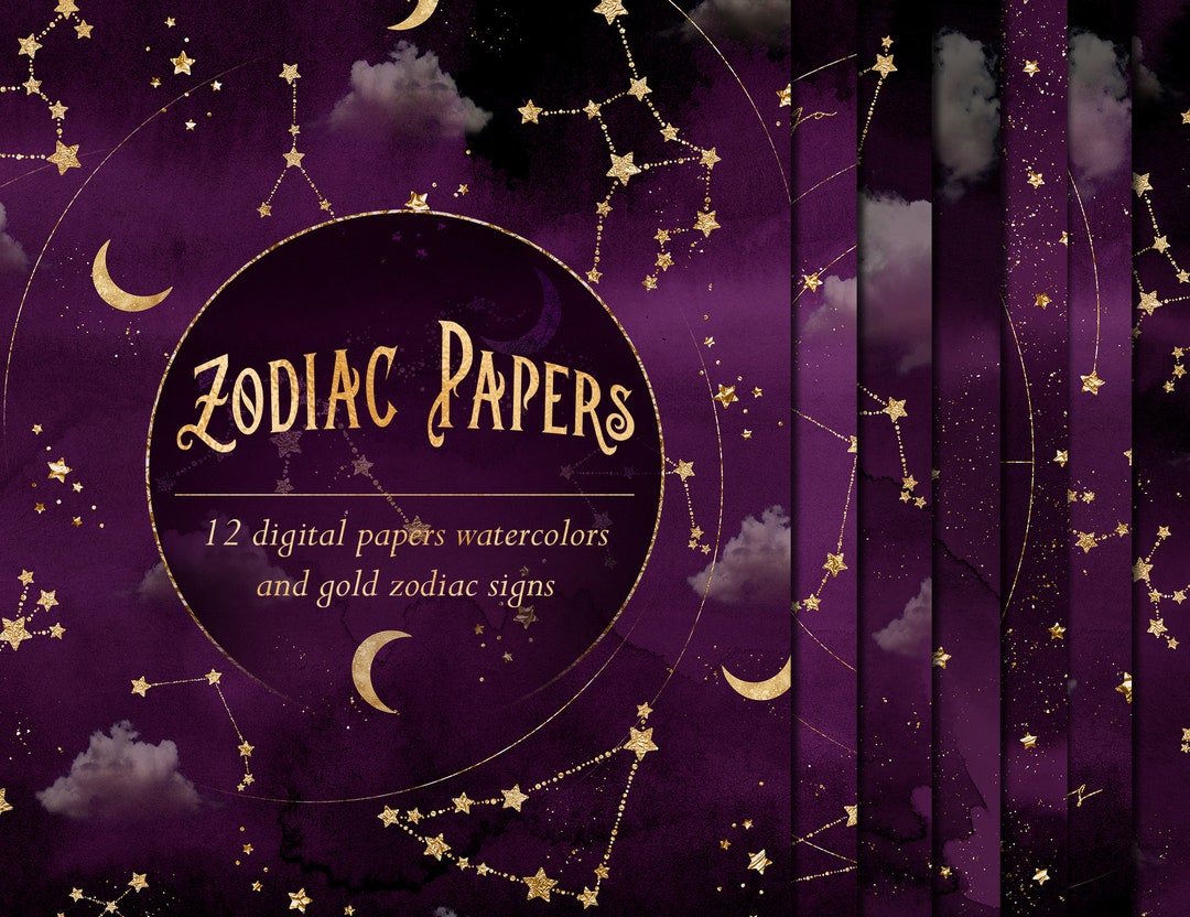 Gold Foil Zodiac Digital Papers: Violet Watercolor Celestial ...