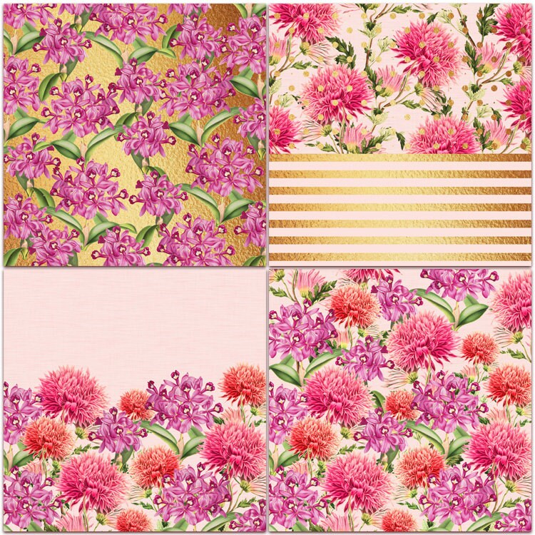 Floral Digital Paper Clipart Gold Paper Pack Pink | Etsy