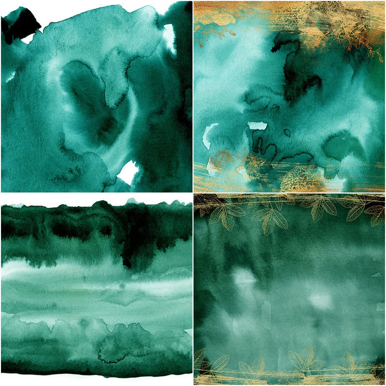 Emerald Green Digital Paper Clipart, Watercolor Digital Papers, Gold ...