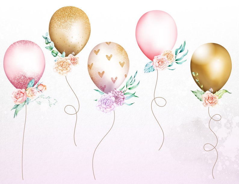 Floral Balloon Clipart: Pink & Gold Glitter Balloons (PNG Digital ...