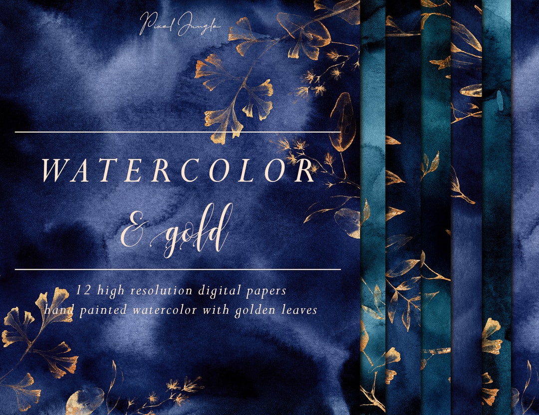 Watercolor Digital Papers With Golden Floral Elements, Floral ...