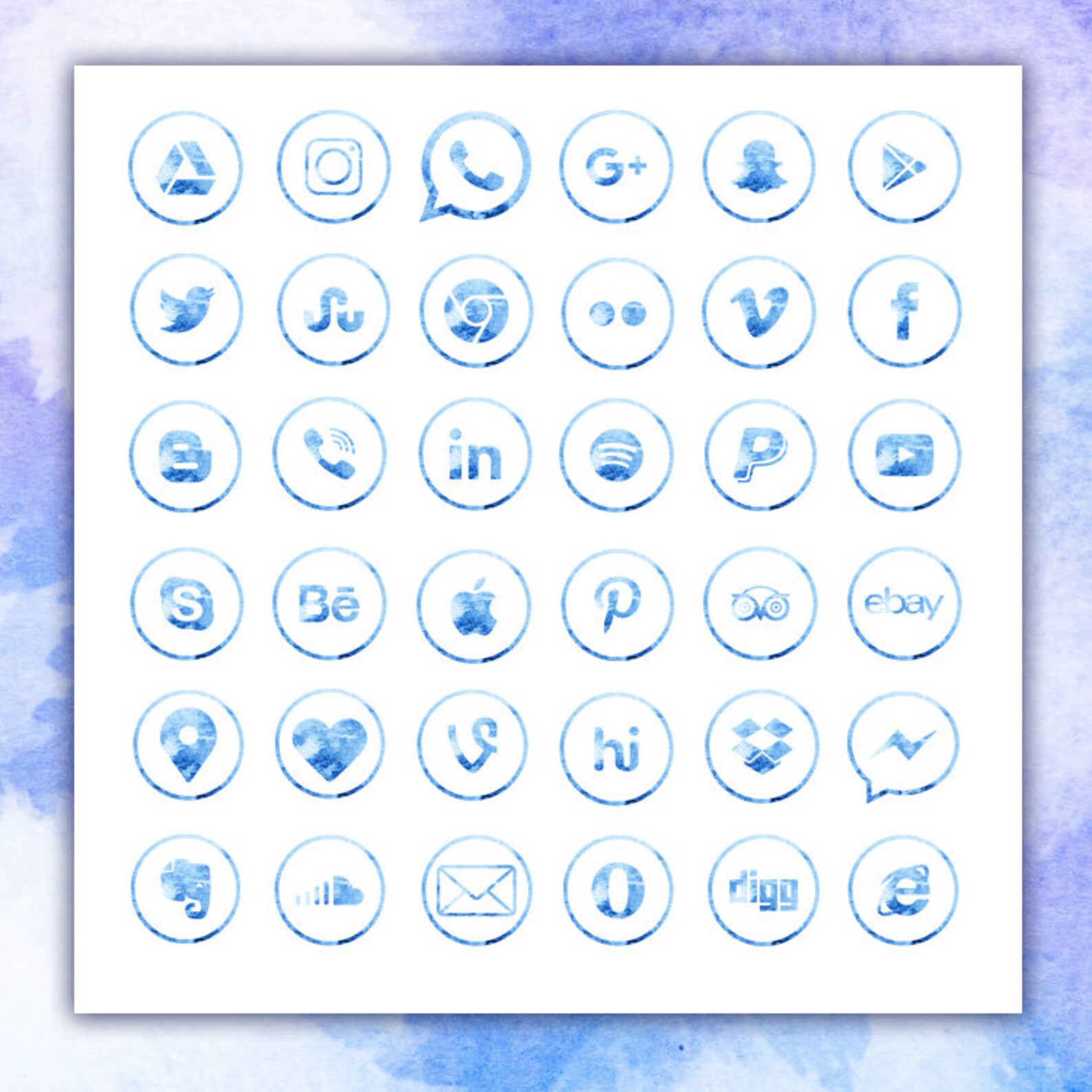 Blue Watercolor Social Media Icons, Watercolor Icons, Social Media ...
