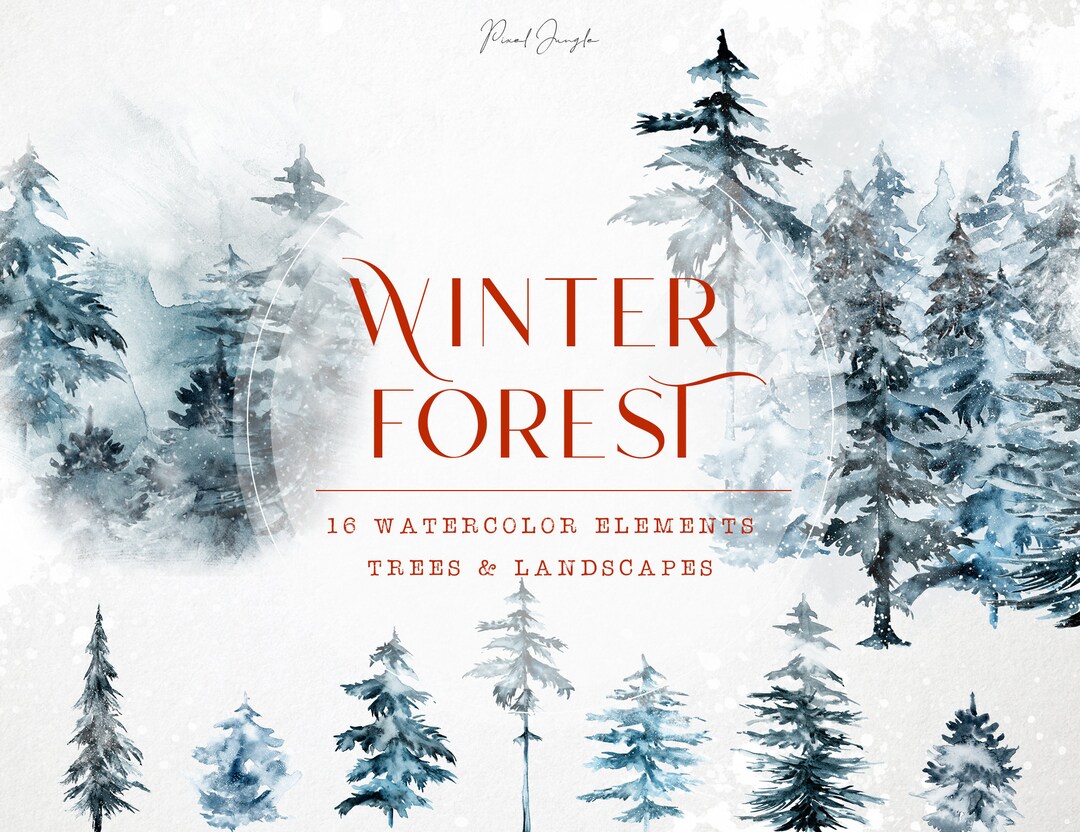 Watercolor Winter Forest Clipart: Snowy Pine Trees (PNG) - Etsy