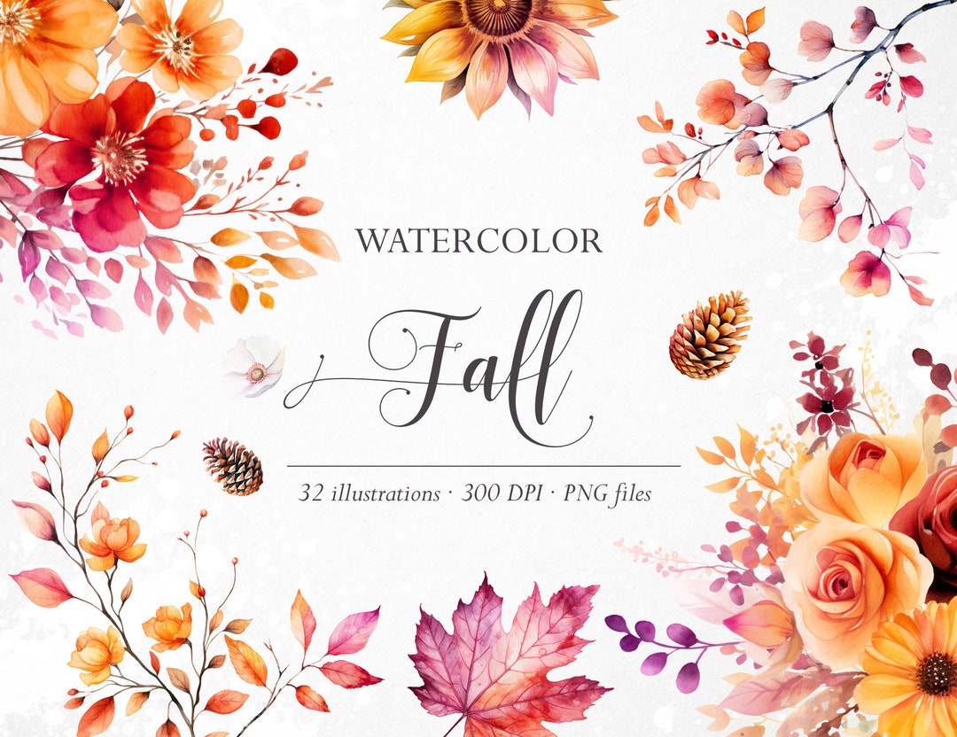 Autumn Watercolor Clip Art, Fall Clipart, Pumpkins, Pine Cones, Autumn ...