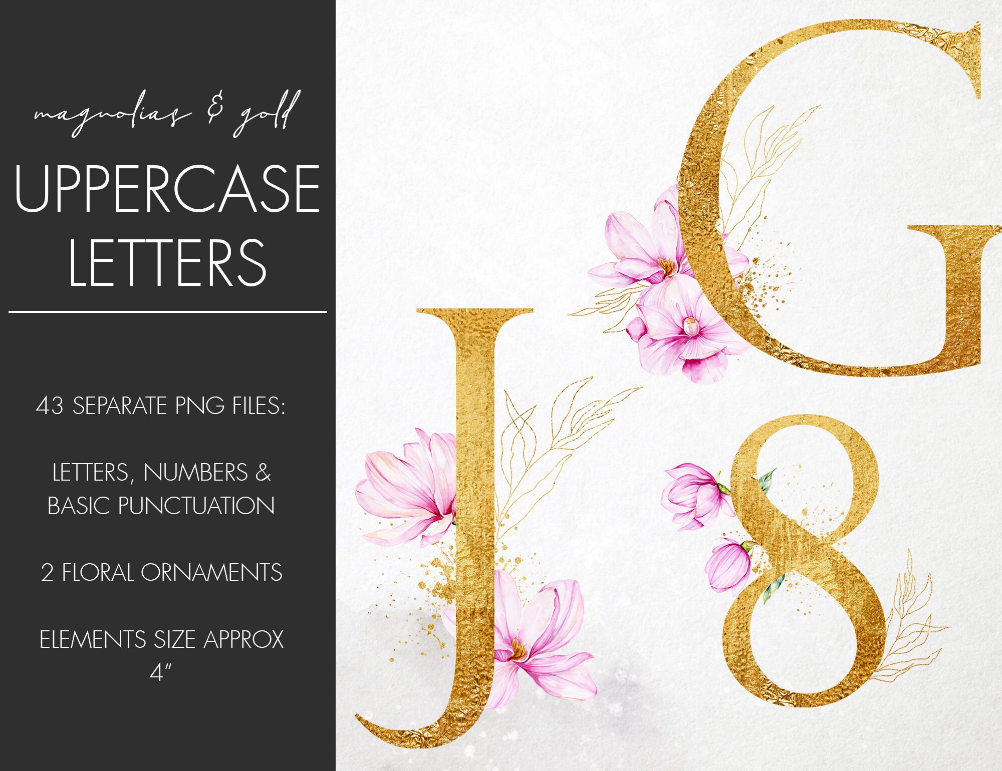 Gold Monogram Letters With Watercolor Magnolias Gold Alphabet | Etsy