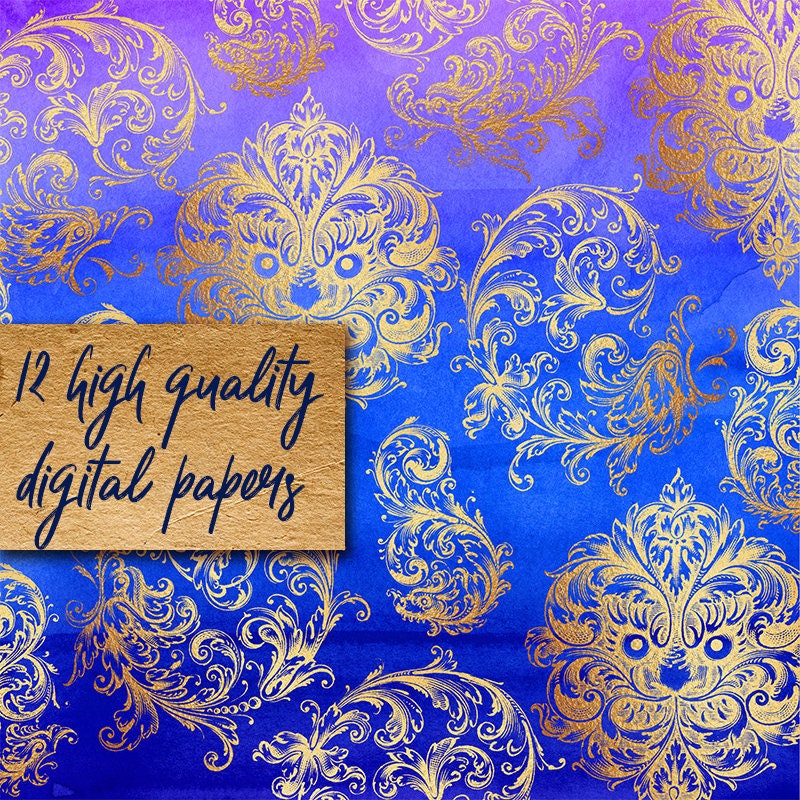 Blue watercolor digital paper clipart Gold papers Gold | Etsy