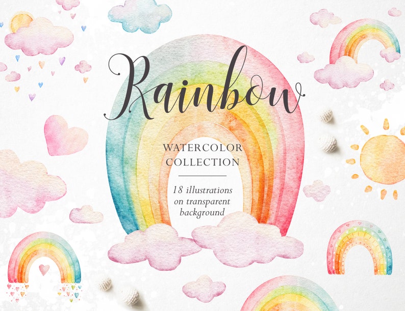 Watercolor Rainbow & Cloud Clipart: Transparent PNG Overlays (digital ...