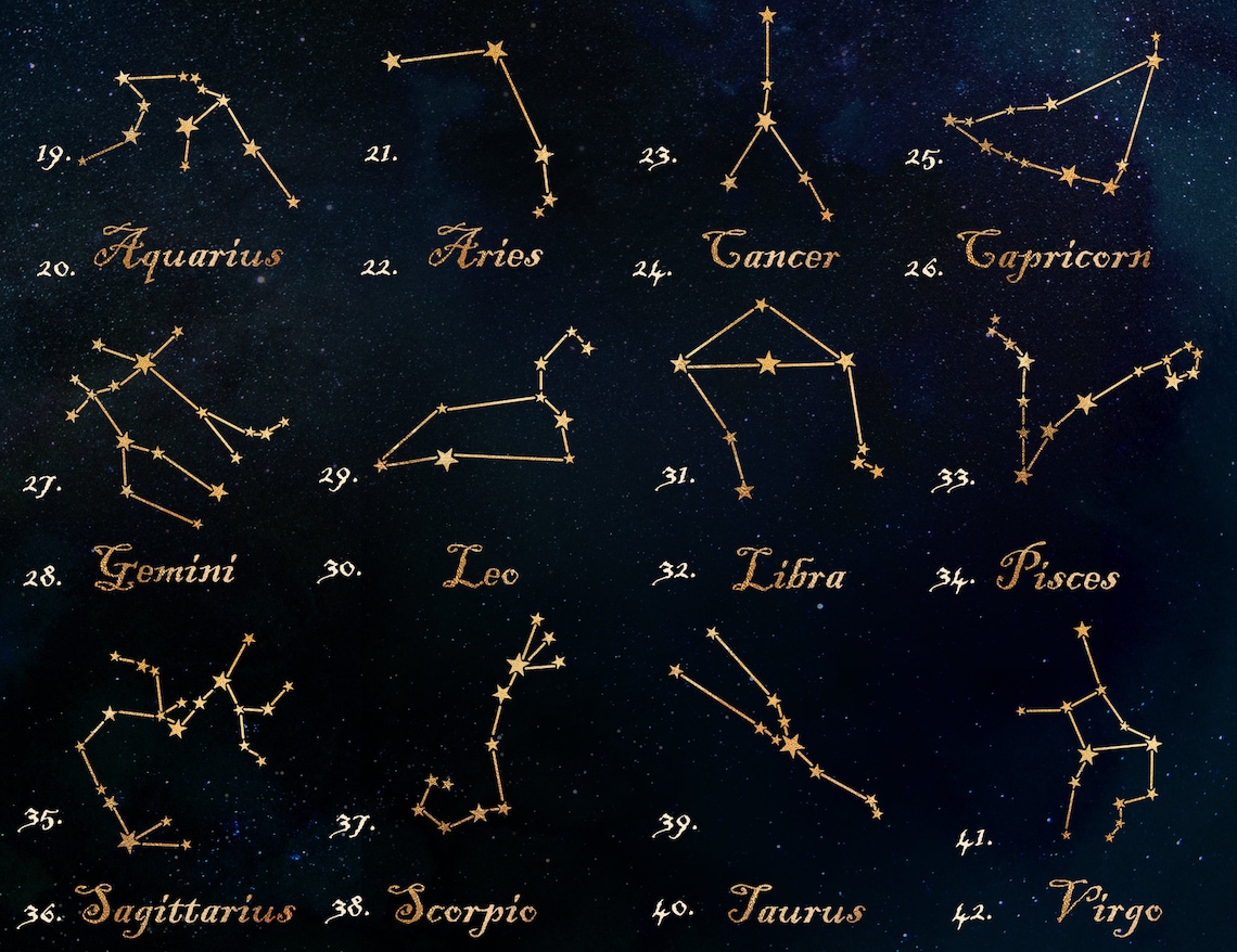 Gold Zodiac Constellations Clipart: Astrology PNG Graphics (digital ...