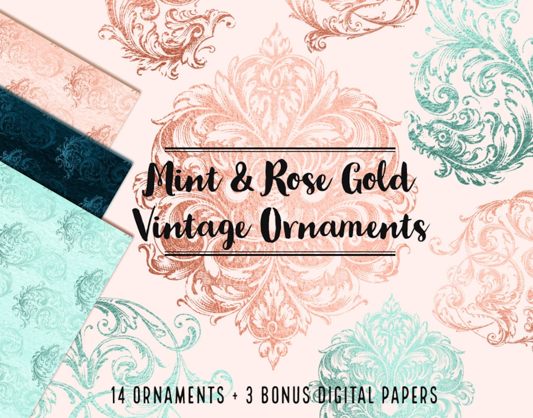 Rose Gold Ornaments Clipart, Mint Vintage Ornaments, Design Elements ...