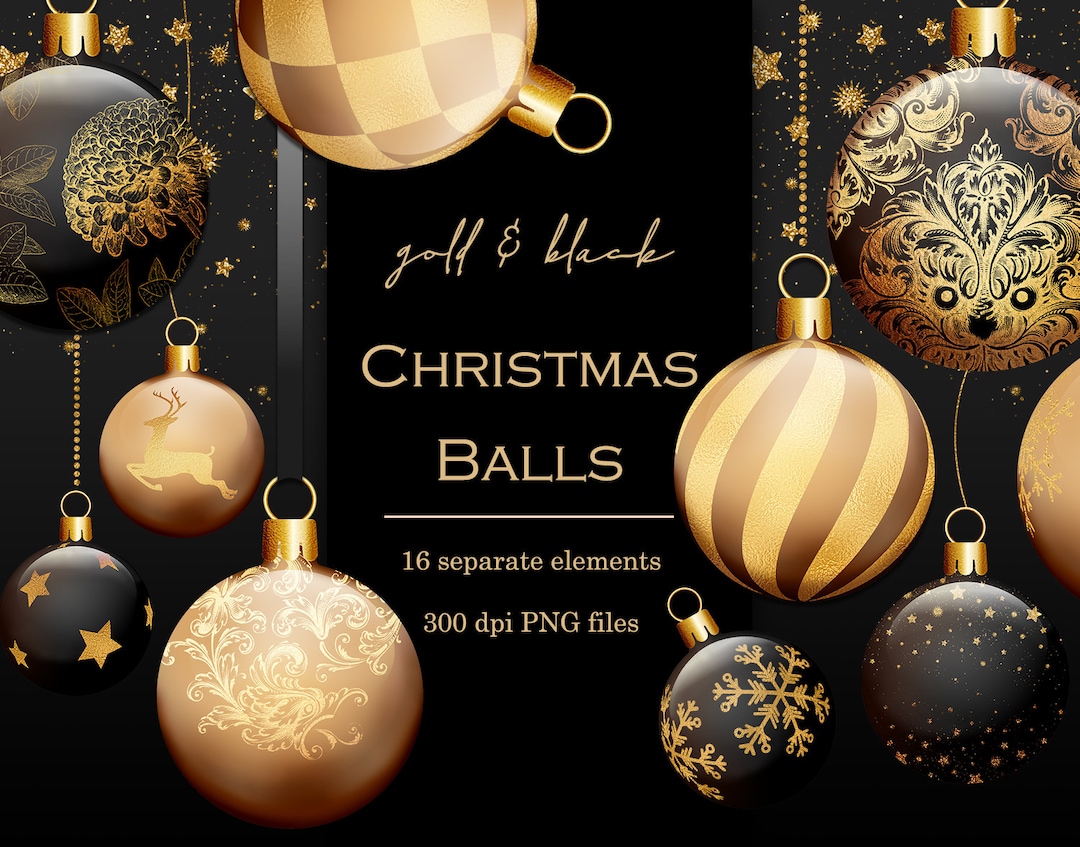 Gold Christmas Baubles Clipart, Black and Gold Christmas Balls, Winter ...