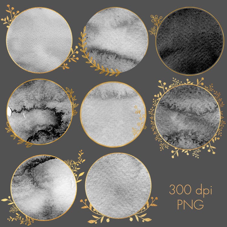 Black Watercolor Circles Clipart, Gold Floral Ornaments (PNG Digital ...