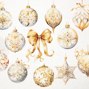 Christmas Baubles Clip Art, White & Gold Baubles Clipart, Christmas ...